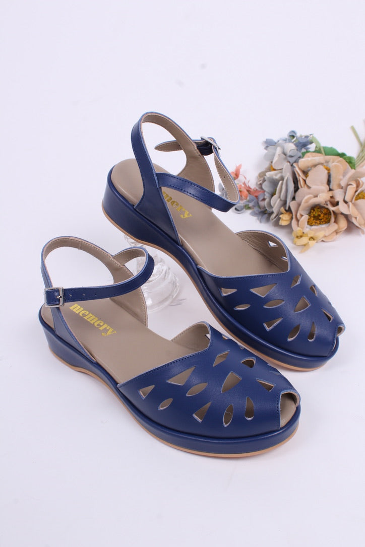 1940s / 50s summer wedge sandals - Navy Blue - Sidse – memery