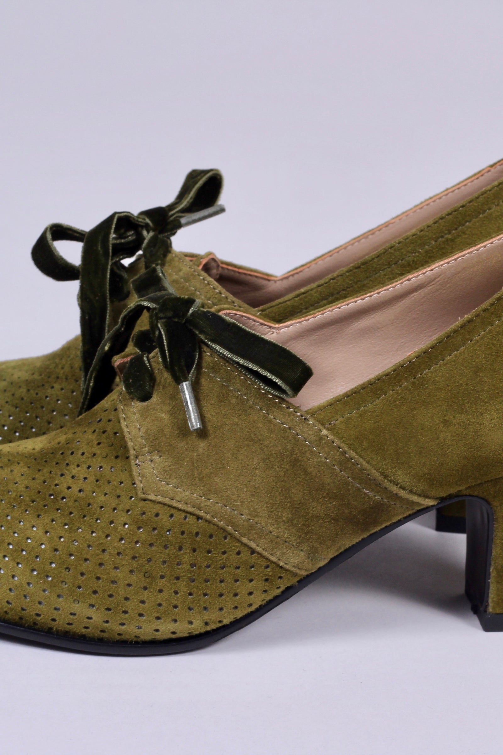 40's vintage style pumps in suede with lace - Green - Esther – memery